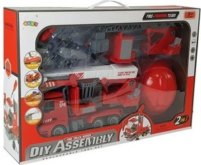 LEAN Toys Stavebnicová sada „Hasičské auto 2 v 1“ – vyměnitelné zdviže, šroubovák, zvuky, světelné efekty, přilba