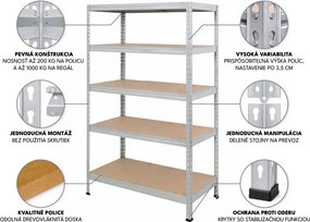Regál 183x90x30 cm zinkovaný 5-policový, nosnost 1000 kg, RIVET - 6ks