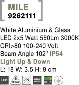 NV 9262111 Venkovní nástěnné svítidlo MILE bílý hliník a sklo LED 2x5W 3000K 100-240V 102st. IP54 světlo nahoru a dolů - NOVA LUCE
