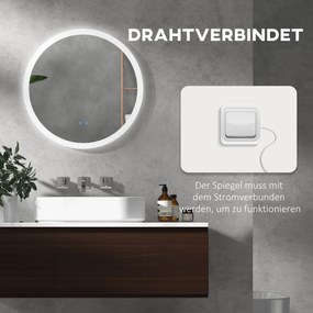 kleankin LED koupelnové zrcadlo, nastavitelná jasnost, odmlžování, dotyk, IP44, kov/sklo, Ø60 cm, bílá/stříbrná