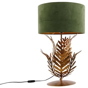 Vintage stolní lampa zlatá s velurovým odstínem zelené 35 cm - Botanica