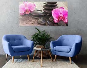 Obraz orchidej a Zen kameny na dřevěném podkladu - 100x50 cm