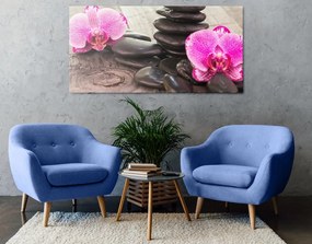 Obraz orchidej a Zen kameny na dřevěném podkladu - 120x60 cm