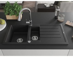 Mexen Andres, 1,5-komorový granitový dřez 1000x500x200 mm a dřezová baterie Elia, černá, 6515-77-670101-00