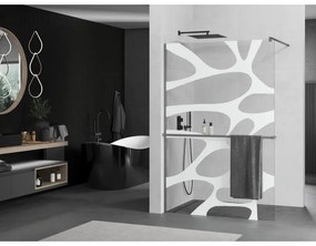 Mexen Kioto+, sprchová zástěna Walk-In s poličkou a věšákem 110 x 200 cm, 8mm čiré sklo bílý vzor, ​​grafitový profil, 800-110-121-66-97