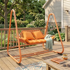 Outsunny Terrakota dvojmístná houpačka Hollywood s polštáři — závěsné lehátko na kovovém A-rámu pro zahradu, terasu a balkon (174 × 120 × 162 cm)