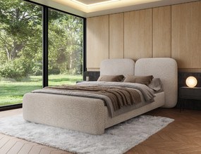 Postel Ollival 140x200, s kovovým roštem a úložným prostorem, béžové bouclé