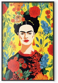Plakát Frida Kahlo - Geometric Portrait on Yellow Floral Background