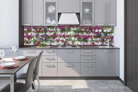 DIMEX | Fototapeta do kuchyně Květiny v truhlících KI-260-176 | 260 x 60 cm | fialová, růžová, bílá, zelená