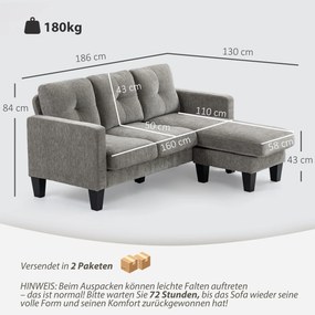 HOMCOM Rohová pohovka ve tvaru L, čalouněná polyestrem, s reversibilním lenoškou a 3 polštáři pro obývací pokoj, nosnost 180 kg, 186x130x84 cm, hnědá…