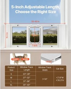 Dvířka pro kočky do okna, Nastavitelná na šířku okna 889–1016 mm VEVOR