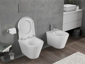 Mexen Rico, závěsná WC mísa 490x360x370 mm, Rimless Tornádo + WC sedátko z duroplastu, bílá lesklá, 30720200T