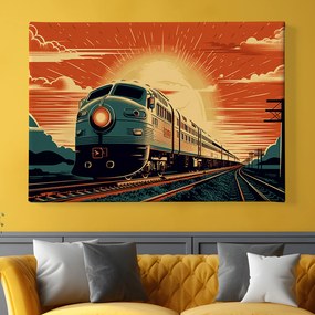 Obraz na plátně - Retro futuristický vlak v krajině při západu slunce FeelHappy.cz Velikost obrazu: 180 x 120 cm