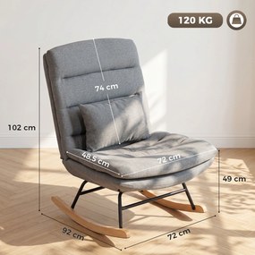 HOMCOM polstrované houpací křeslo s efektem lnu a bederním polštářem, vysoké opěradlo, dvouvrstvé sedadlo 72 cm, světle šedé