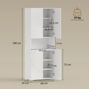 HOMCOM kuchyňská skříň s 4 dveřmi, otevřená přihrádka, nastavitelné police, 68x34x180 cm, vysoký lesk bílá