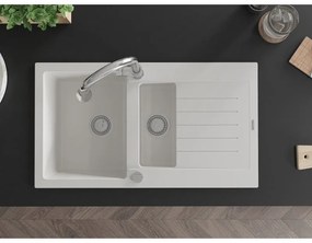 Mexen Matias, 1,5-komorový granitový dřez 900x505x200 mm a dřezová baterie Elia, bílá, 6502-20-670101-00