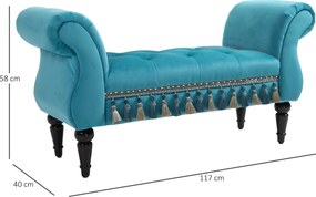 HOMCOM Čalouněná lavice, Sametový vzhled, Luxusní lavice s dřevěnými nohami, Chodní lavice do ložnice, nosnost až 150 kg, Modrá, 117 x 40 x 58 cm