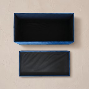 Praktický taburet s úložným prostorem, obdélníkový, velurový, skládací, 76 × 38 × 38 cm, námořnicky modrý