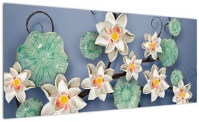 Květy na modrém pozadí - obraz (100x40cm)
