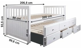 Kondela Postel s přistýlkou a úložným prostorem, kaučukové dřevo/bílá, AUSTIN NEW