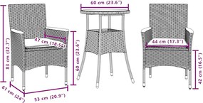 3dílný zahradní jídelní set s poduškami černý polyratan a sklo 3278721