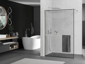 Mexen Kioto+, sprchová zástěna Walk-In s poličkou a věšákem 120 x 200 cm, 8mm čiré sklo černý vzor, ​​broušená ocel profil, 800-120-121-97-70