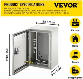 NEMA ocelová skříň, 30,5 × 20,3 × 15,2 cm NEMA 4X ocelová elektrická skříň