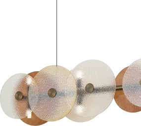 Art Deco závěsná lampa bronzová s jantarovým sklem, 8 světel - Text