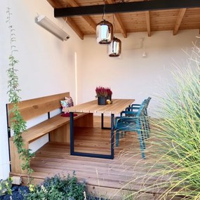 KULHÁNEK Zahradní stůl - kombinace dřeva a oceli Odstín nátěru: individuální, Velikost desky: 150x80 cm, Odstín podnože: bílá - RAL 9010