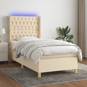 Box spring postel s matrací a LED krémová 90x200 cm textil