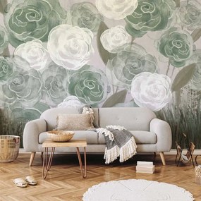 Fototapeta Husté růže - malované velké květy v odstínech zelené na šedém pozadí