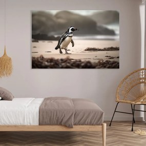 Obraz na plátně - tučňák na pláži s kameny FeelHappy.cz Velikost obrazu: 90 x 60 cm