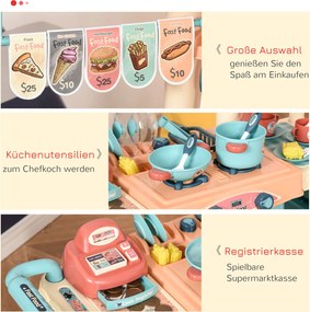 HOMCOM dětská kuchyňka s příslušenstvím 50dílná herní kuchyňka hračka kuchyňka plastová modrá+červená+oranžová 79,5 x 33 x 90,5 cm