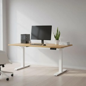 Výškově nastavitelný stůl OfficeTech C, 140 x 80 cm, bílá podnož, dub zlatý