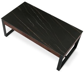 Stůl konferenční, deska slinutá keramika 120x61, černý mramor, nohy černý kov, tmavě hnedá dýha