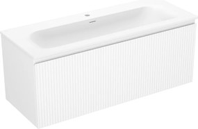Mexen Rivel, koupelnová skříňka 120 cm s umyvadlem Vela, 1 zásuvka, drážkovaná, bílá matná, 91A20-12047-1-BF01-W23M01