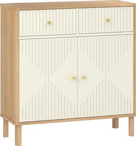 HOMCOM Bufet, rýhovaný úložný nábytek s deskou v dubovém vzhledu, 2 zásuvky, 2 dveře, nastavitelná police, 77x30x80 cm, krémová