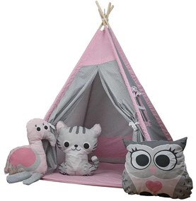 Dětský stan TEEPEE (TÝPÍ) ANIMALS s doplňky - PLAMEŇÁK A KAMARÁDI - šedý/růžový