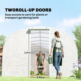 Outsunny tunelový skleník 24 m² — pozinkovaný ocelový rám, rolovací dveře a 2 velká síťovaná okna, plachta 140 g/m², bílá