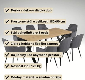 Vikio Jídelní set pro 8 osob 180x90 cm soft dub noha X šedá židle s područkami VJS228-8S