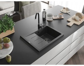 Mexen Ben, 1-komorový granitový dřez 600x500x190 mm, pravý + černý sifon, černá skvrnitá, 6523605000-76-B