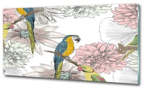 Wallmuralia Foto-obraz na skle Papoušci a květiny 100x50