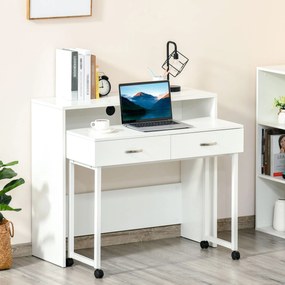 HOMCOM Sada 2 Stohovatelných Psacích Stolů na Kolečkách se 2 Zásuvkami pro Kancelář 100x36x88 cm Bílá | Aosom