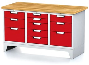 Dílenský stůl MECHANIC I, 1x 5 zásuvkový box a 2x 3 zásuvkový box na nářadí, 11 zásuvek, 1500x685x880 mm, červené dveře