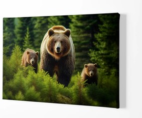 Obraz na plátně - Medvěd Grizzly s rodinou v jehličnatém lese FeelHappy.cz Velikost obrazu: 180 x 120 cm