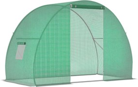 Zimní skleník Outsunny s tunelovým designem, plocha 4,5 m², rozměry 3L x 1,5W x 2H m, vyztužený rám, zipové dveře, 2 okna pro ventilaci, zelený