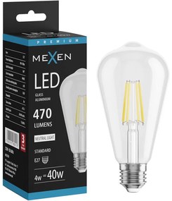 Mexen Vintis LED vlákno žárovka E27, ST64, 4W, Neutrální - 4000K, 470 lm, čirá - L152-E27-0440-00