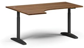 Výškově nastavitelný stůl OBOL, elektrický, 675-1325 mm, rohový levý, deska 1600x1200 mm, černá zaoblená podnož, ořech