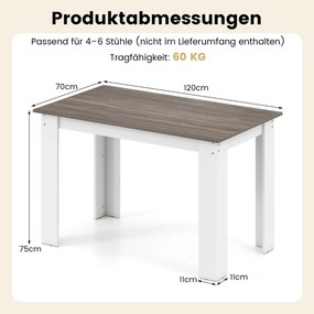 Costway 120 cm jídelní stůl pro 4-6 osob dřevěný velký, bílý