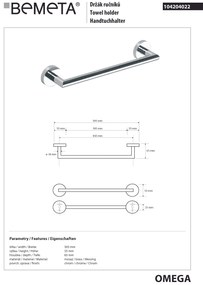 Bemeta Design OMEGA: Držák ručníků, 450 mm -
